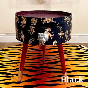 Round Tiger Side Table With Drawer. Tiger Print in 7 Colours, Pink ...