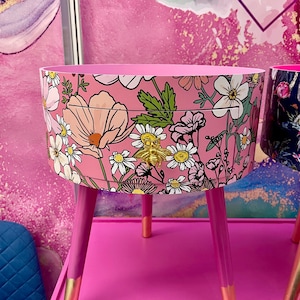 Pink Round Side Table With Floral Design. Fun Bright Decor, Quirky ...