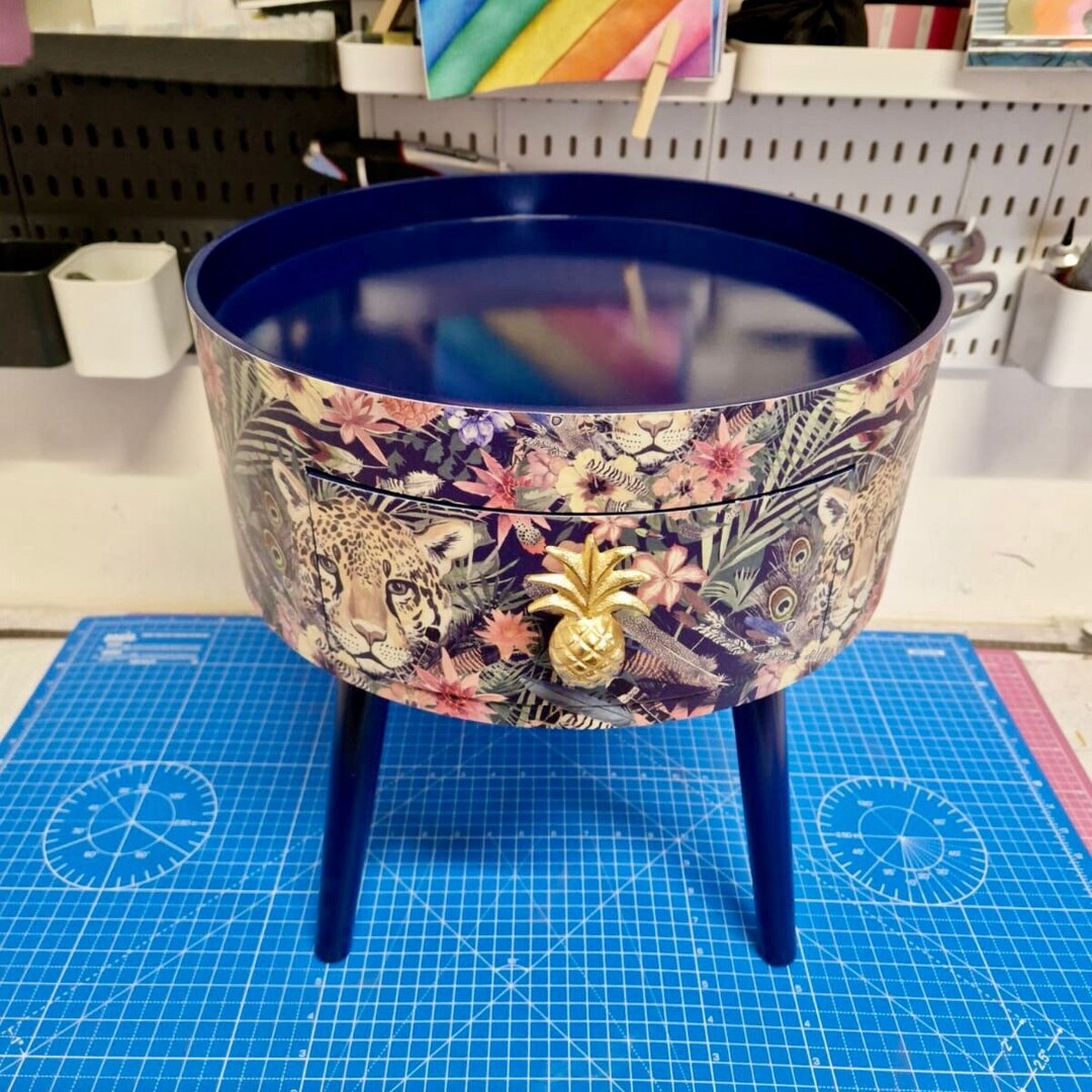 Round Navy Blue Bedside Table, Leopard and Floral Design. Wooden ...