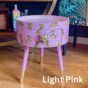 Round Tiger Side Table With Drawer. Tiger Print in 7 Colours, Pink ...
