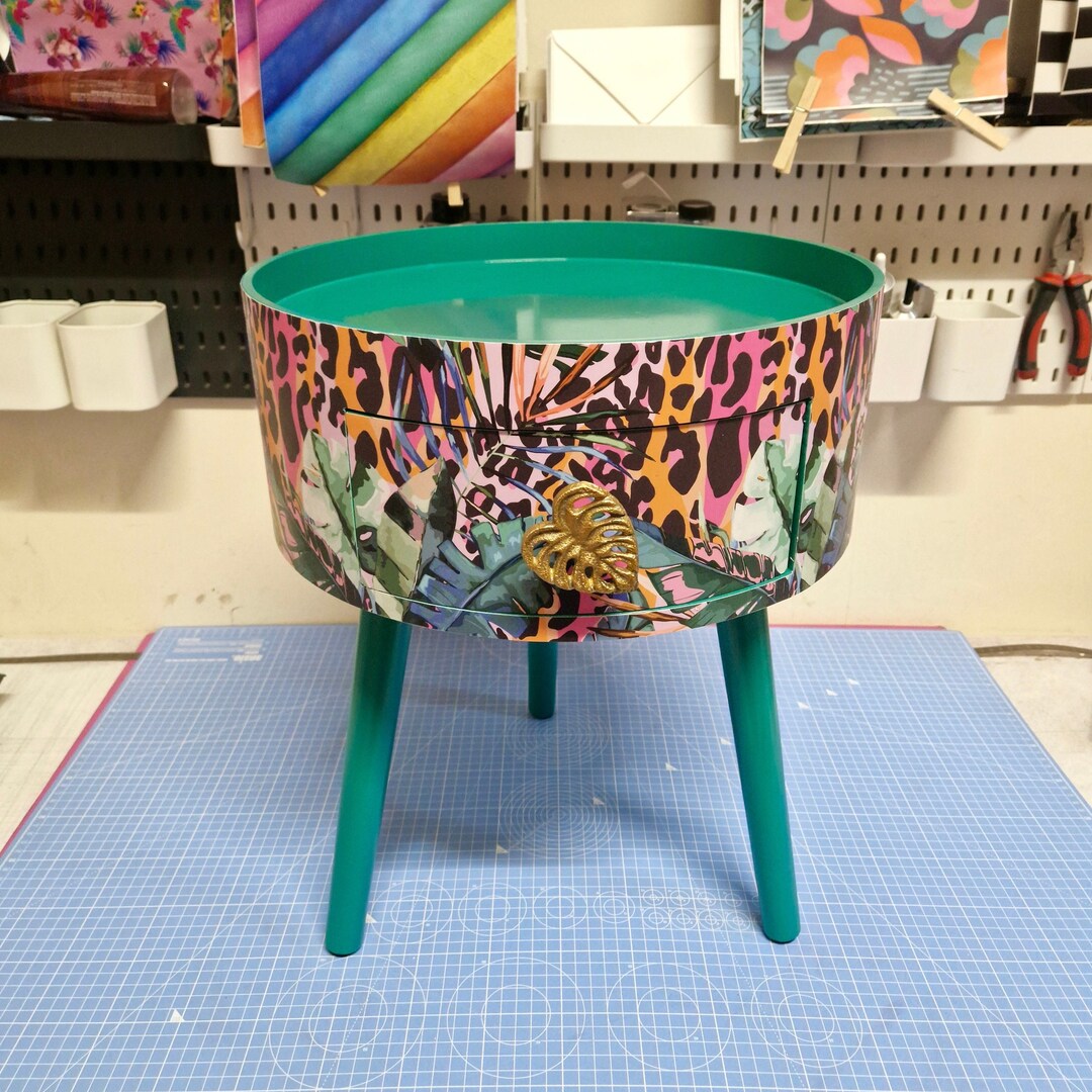 Pink and Jade Green Wooden Coffee Table , Tropical Leopard Print ...