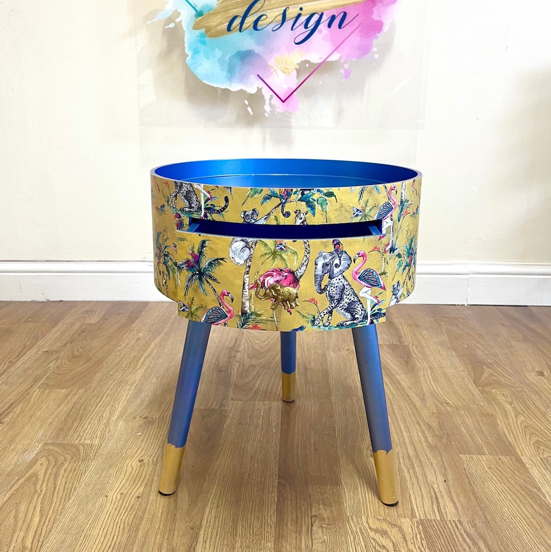 Round Yellow Side Table With Drawer, Animal Print Design With Flamingo ...