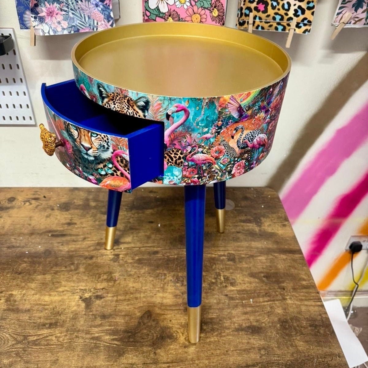 Leopard and Flamingo Bedside Table, Teal Pink and Blue Jewel Design ...