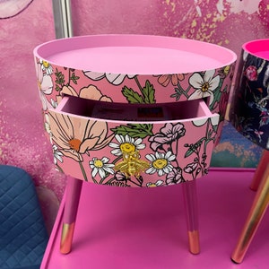 Pink Round Side Table With Floral Design. Fun Bright Decor, Quirky ...