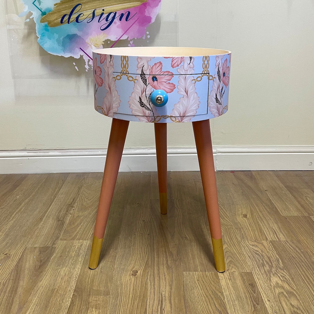 Light Blue and Apricot Bedside Table. Round Wooden Table With Drawer in ...
