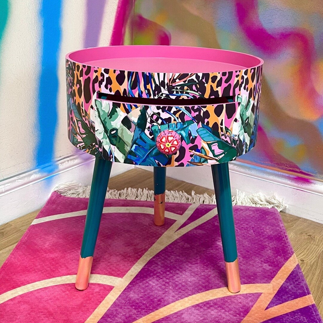 Tropical Wooden Side Table in Hot Pink, and Orange Leopard Print ...