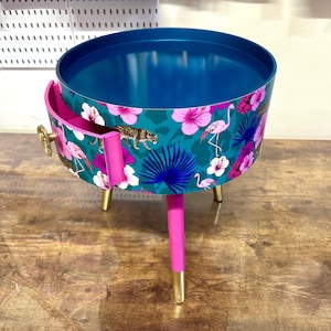 Pink and Teal Blue Tropical Side Table . Flamingo and Leopard Print ...