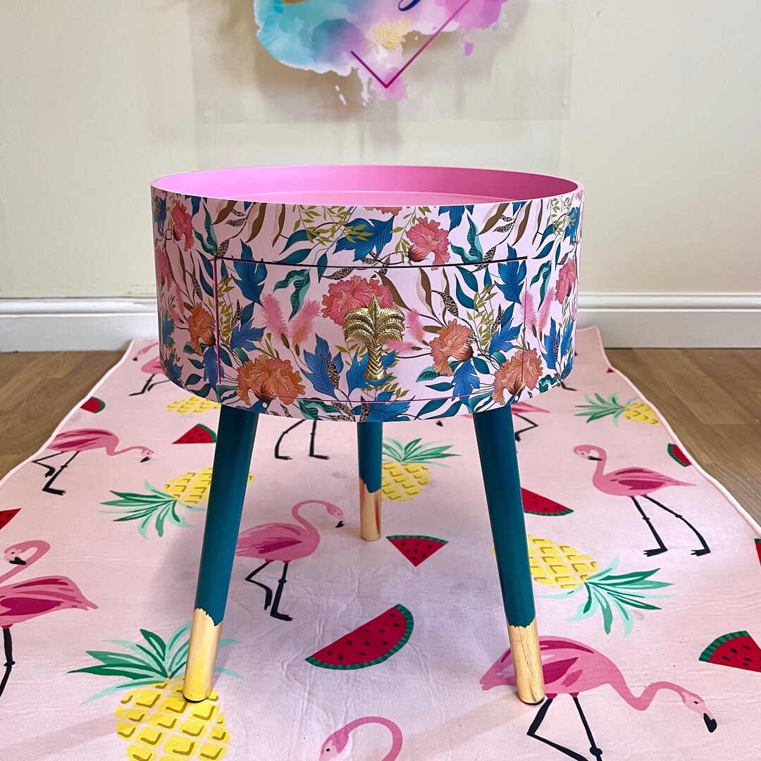 Pink and Green Floral Wooden Round Side Table With Leaf and Flower ...