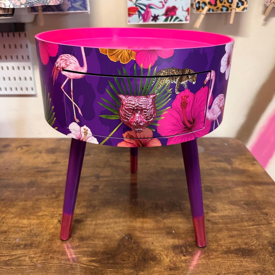 Purple Round Bedside Table. Wooden Side Table With Drawer. Hot Pink and ...