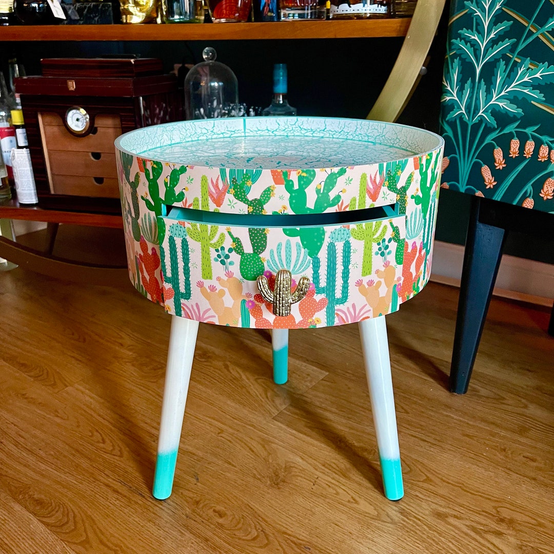 Boho Cactus Side Table, Southwestern Decor for Home, Turquoise Tray Top ...