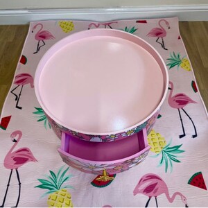 Pink Round Side Table With Floral Design. Inbuilt Drawer and Three Legs ...