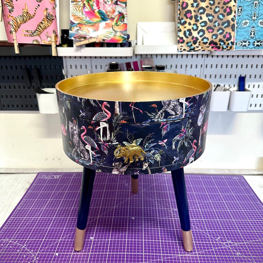 Gold and Navy Blue, Metallic Leaf Leopard Round Bedside Table . Ideal ...