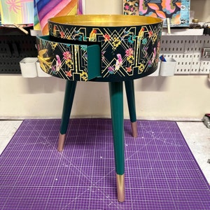 Art Deco Bed Side Table, Emerald Green, Gold and Pink Bird Design ...