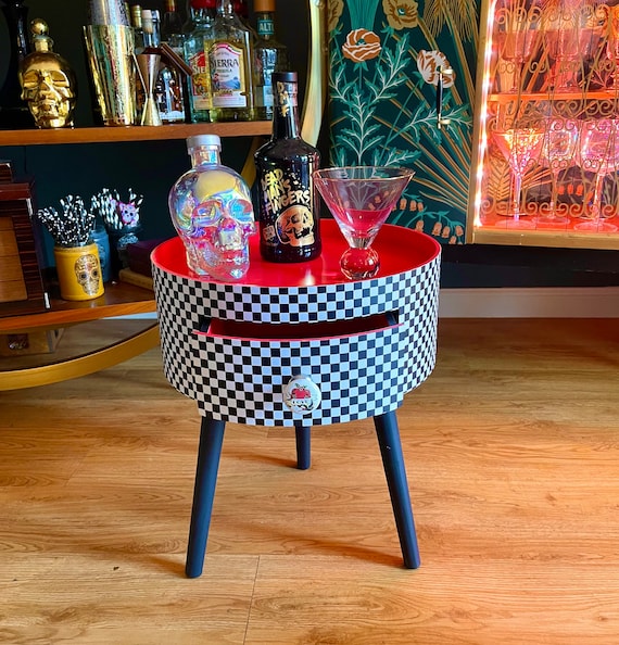 Black and White Red Check Round Bedside Table. Checkerboard Retro Midcentury Vibe Nightstand Etsy