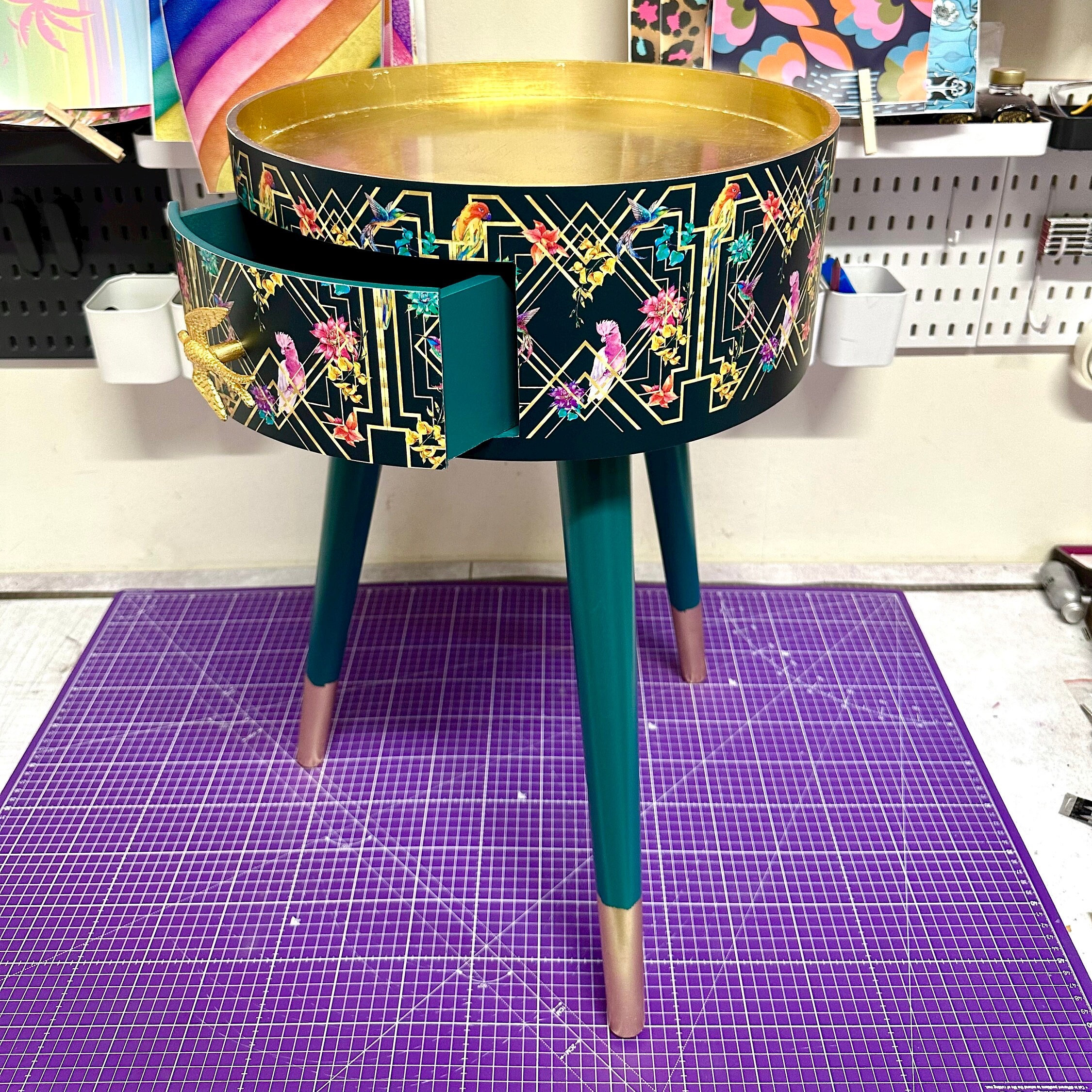 Art Deco Bed Side Table, Emerald Green, Gold and Pink Bird Design ...
