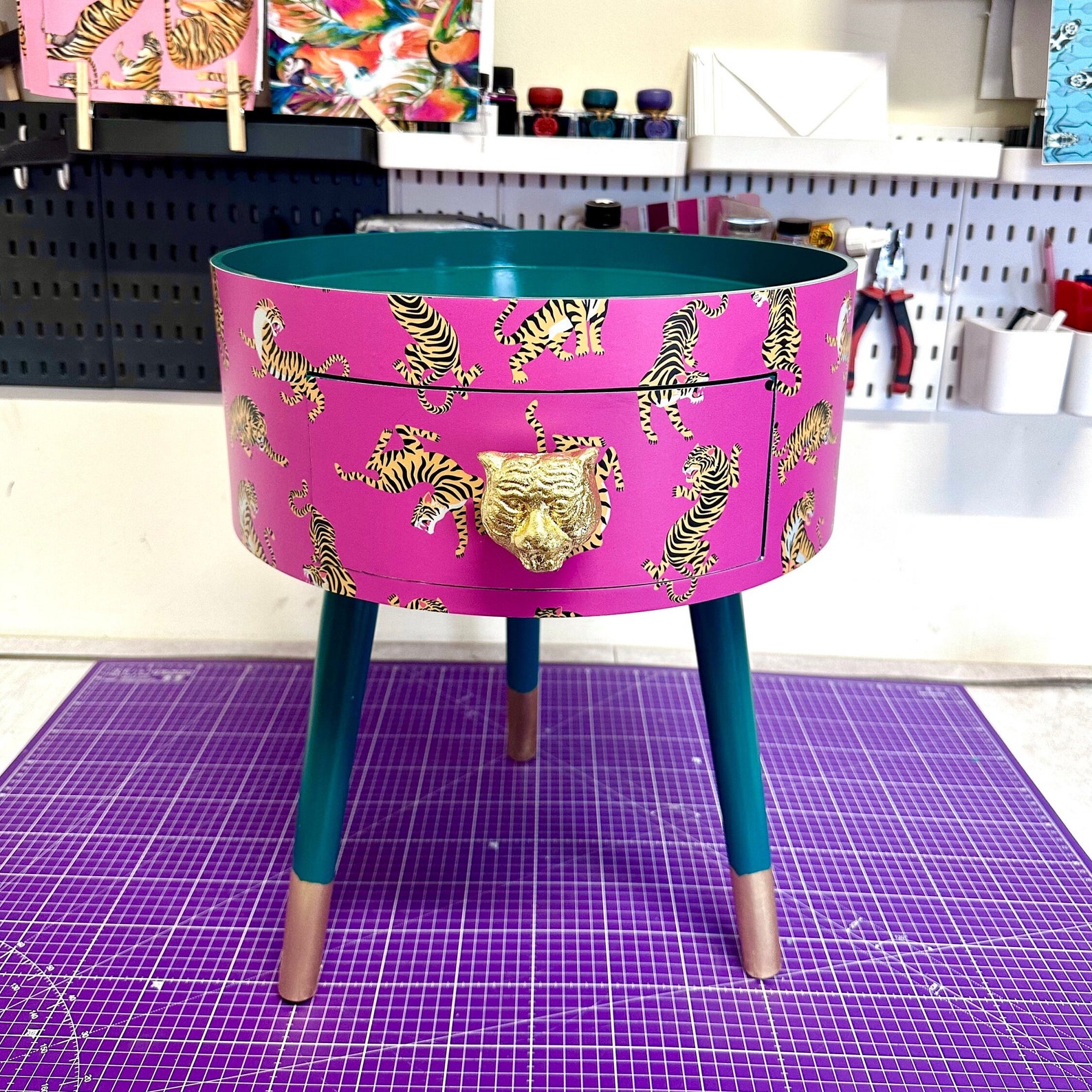 Hot Pink Tiger Bedside Table Emerald Top . Fun Bright Home Decor ...