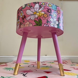 Pink Round Side Table With Floral Design. Inbuilt Drawer and Three Legs ...
