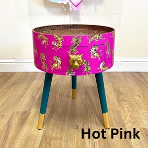 Round Tiger Side Table With Drawer. Tiger Print in 7 Colours, Pink ...