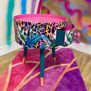 Tropical Wooden Side Table in Hot Pink, and Orange Leopard Print ...