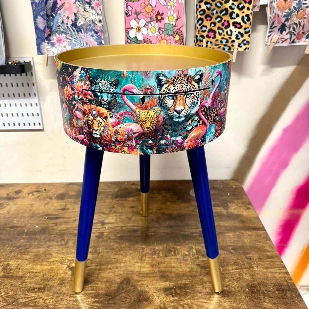 Leopard and Flamingo Bedside Table, Teal Pink and Blue Jewel Design ...