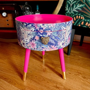 Round Hot Pink Bedside Table, Green and Navy Leopard and Floral Design ...