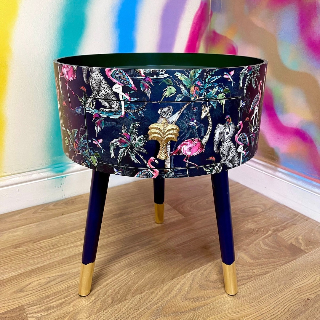 Tropical Bedside Table in Navy and Green Flamingo and Elephant Design ...