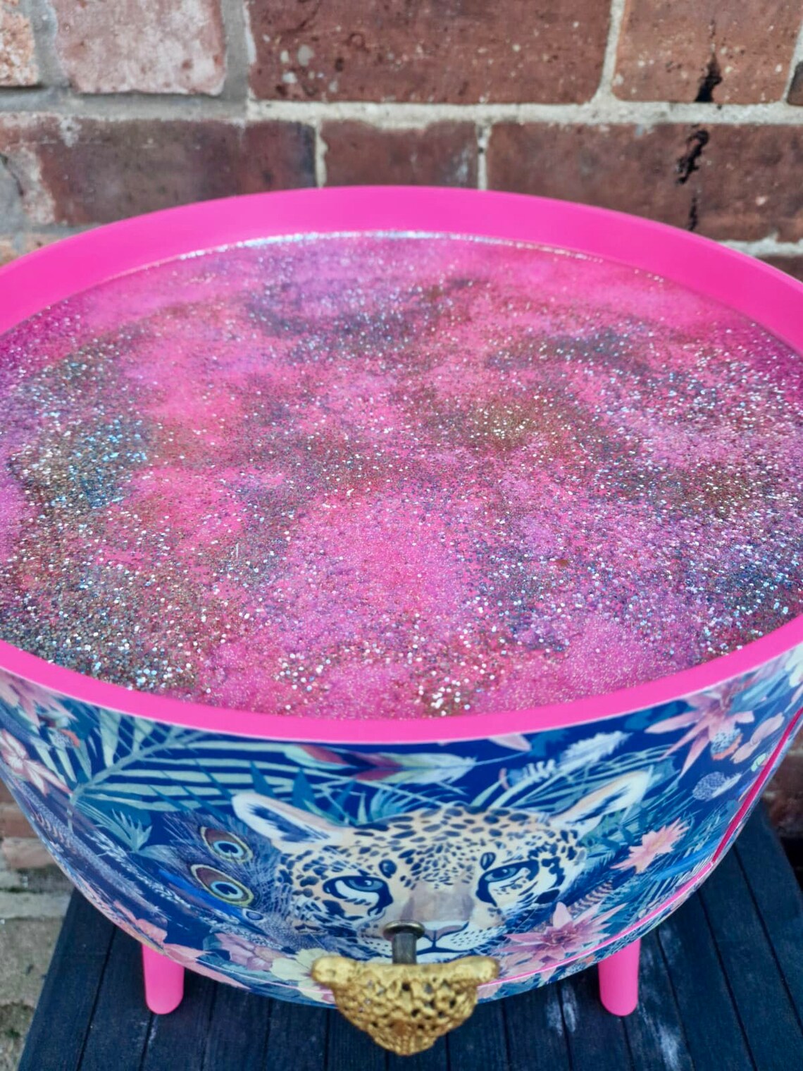 Hot Pink Leopard Side Table, Leopard and Floral Design. Glitter Top ...