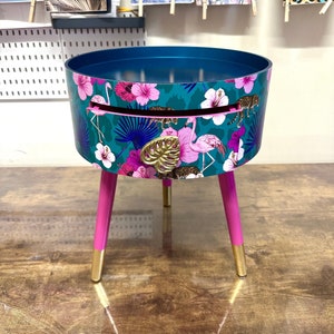 Pink and Teal Blue Tropical Side Table . Flamingo and Leopard Print ...