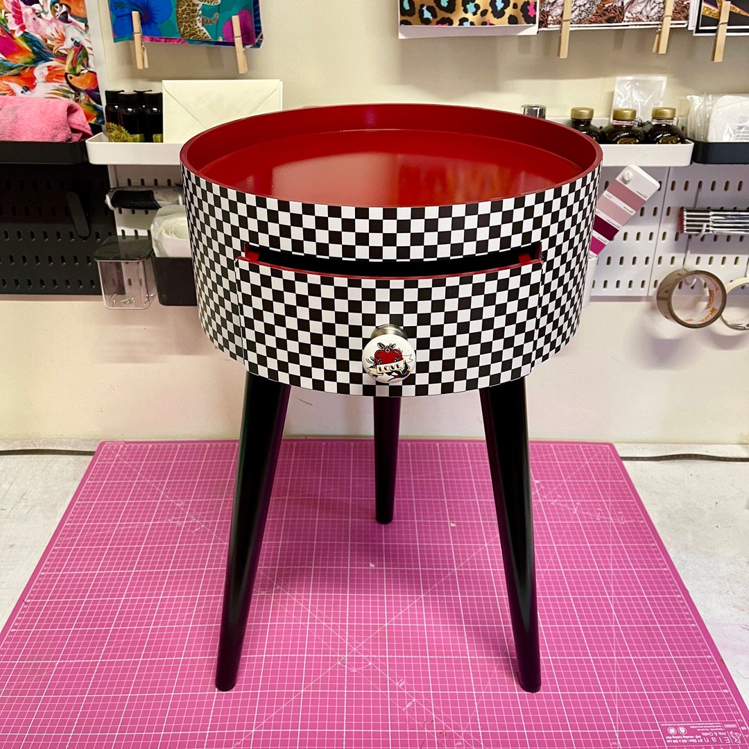 Chequerboard Side Table, Round Wooden Table With Drawer in Red Black ...