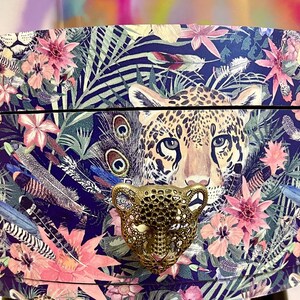 Round Coral Bedside Table, Green and Navy Leopard and Floral Design ...