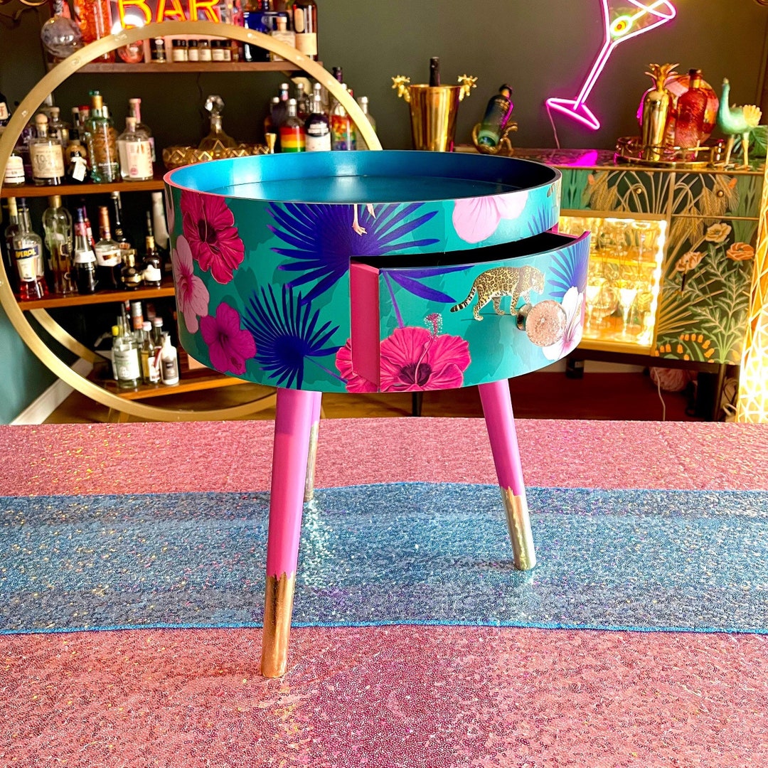 Pink and Blue Tropical Side Table Cabinet . Flamingo and Leopard Print ...