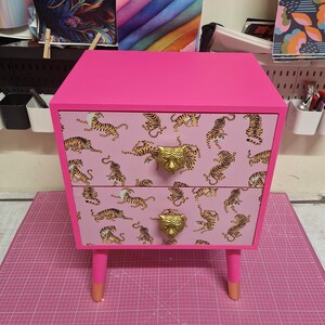 Pink Tiger Square Bedside Table, Two Drawers, Ideal Nightstand. Flamingo and Baby Pink With Gold ...