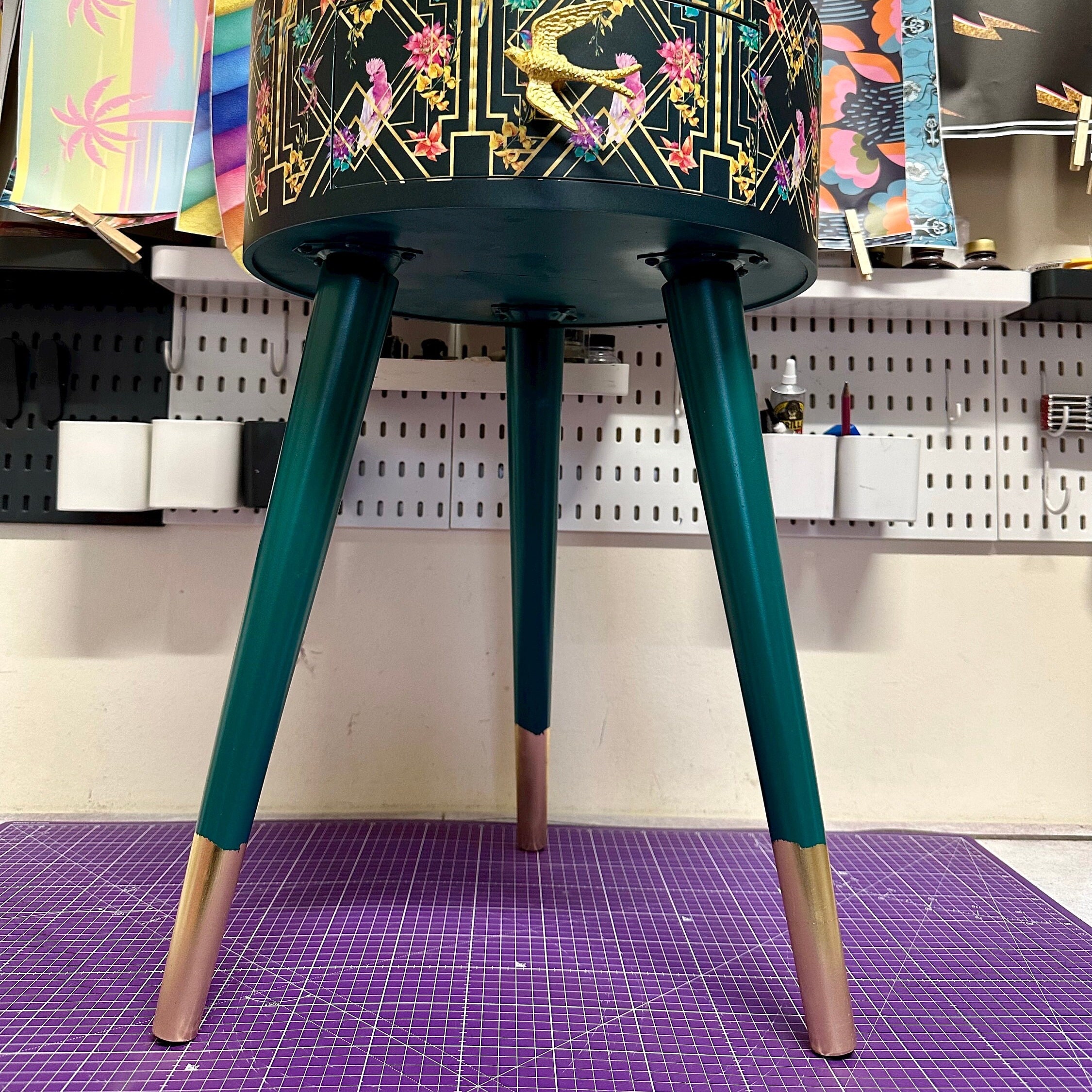 Art Deco Bed Side Table, Emerald Green, Gold and Pink Bird Design ...