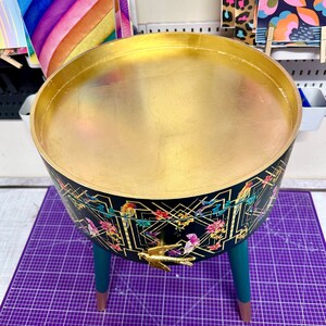 Art Deco Bed Side Table, Emerald Green, Gold and Pink Bird Design ...