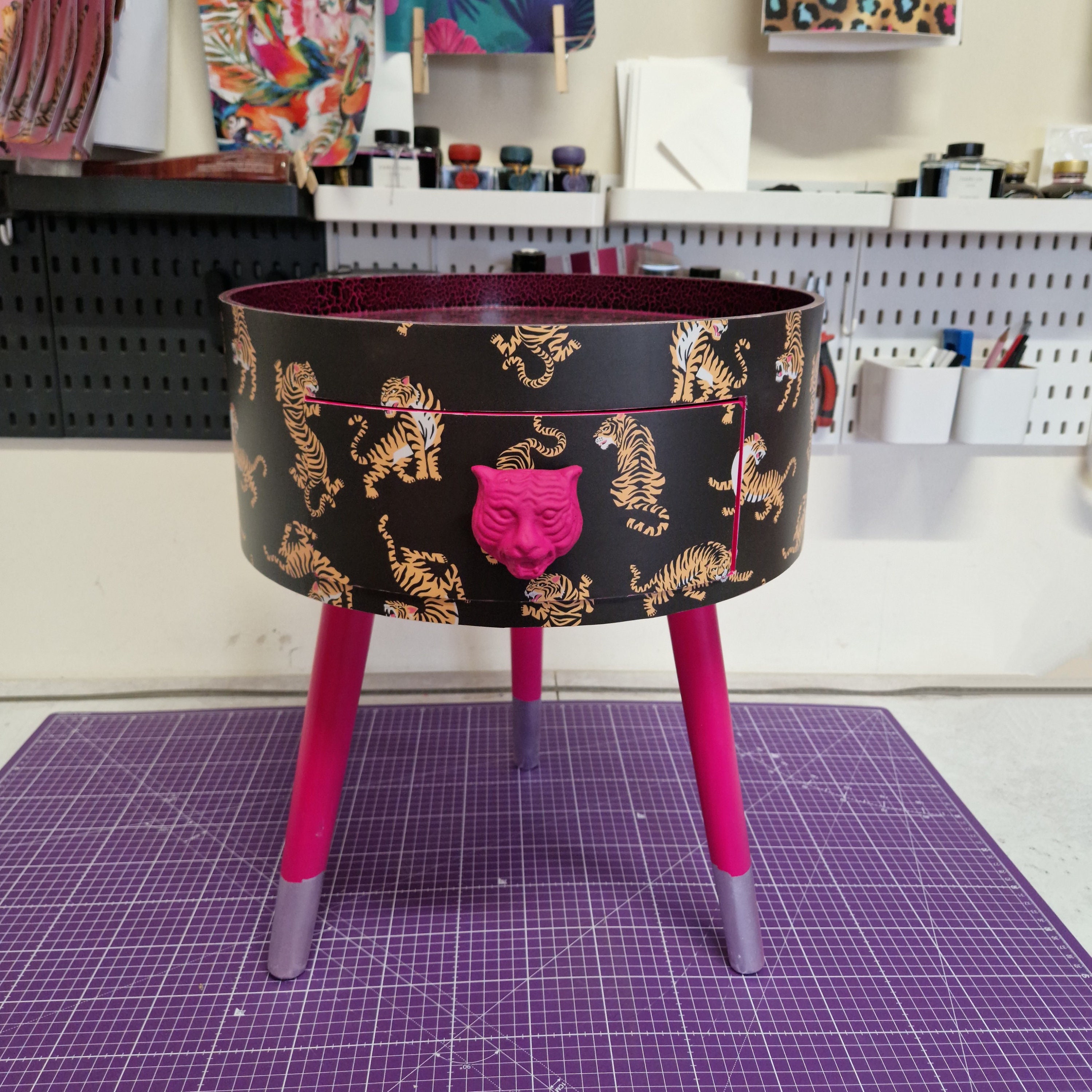 Round Bedside Table Black and Hot Pink Nightstand With Tiger - Etsy