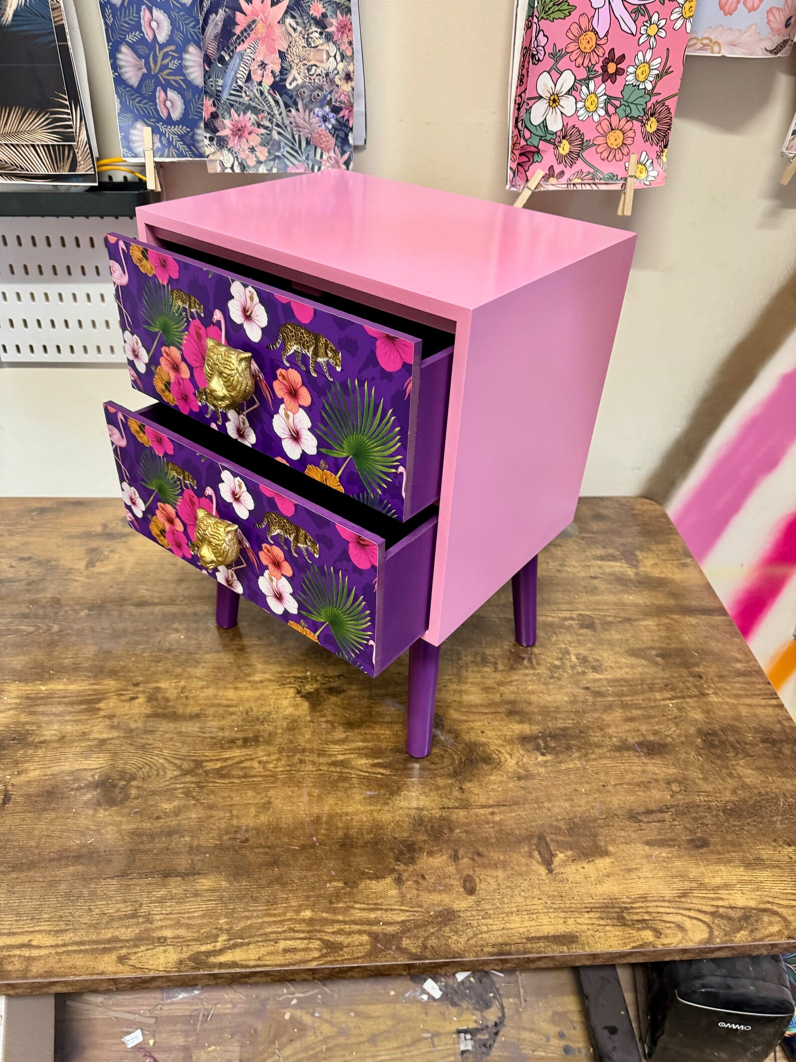 Light Pink and Purple Square Bedside Table, Two Drawers, Ideal ...