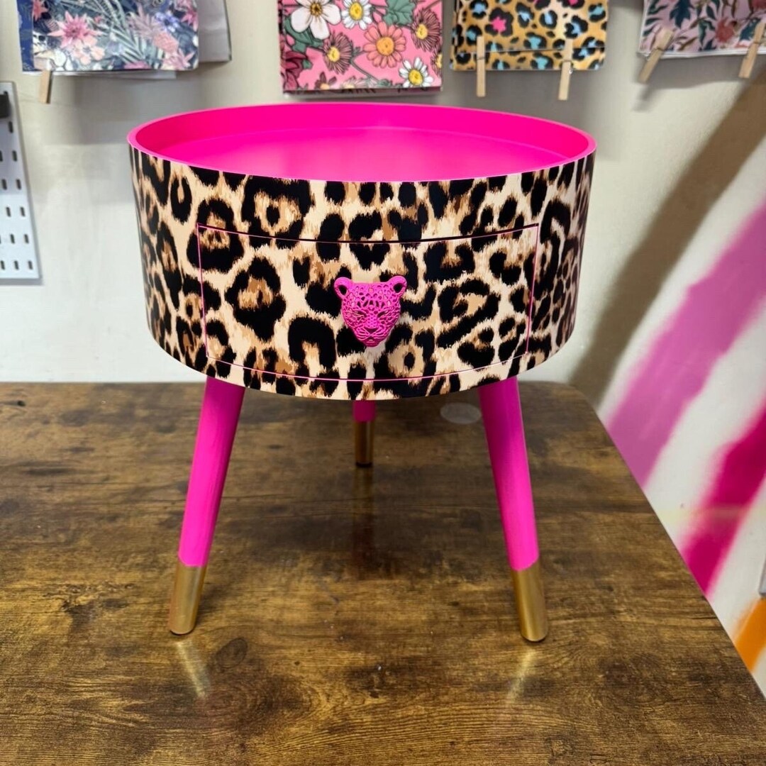 Hot Pink Leopard Round Bedside Table . Fun Bright Home Decor . Ideal ...