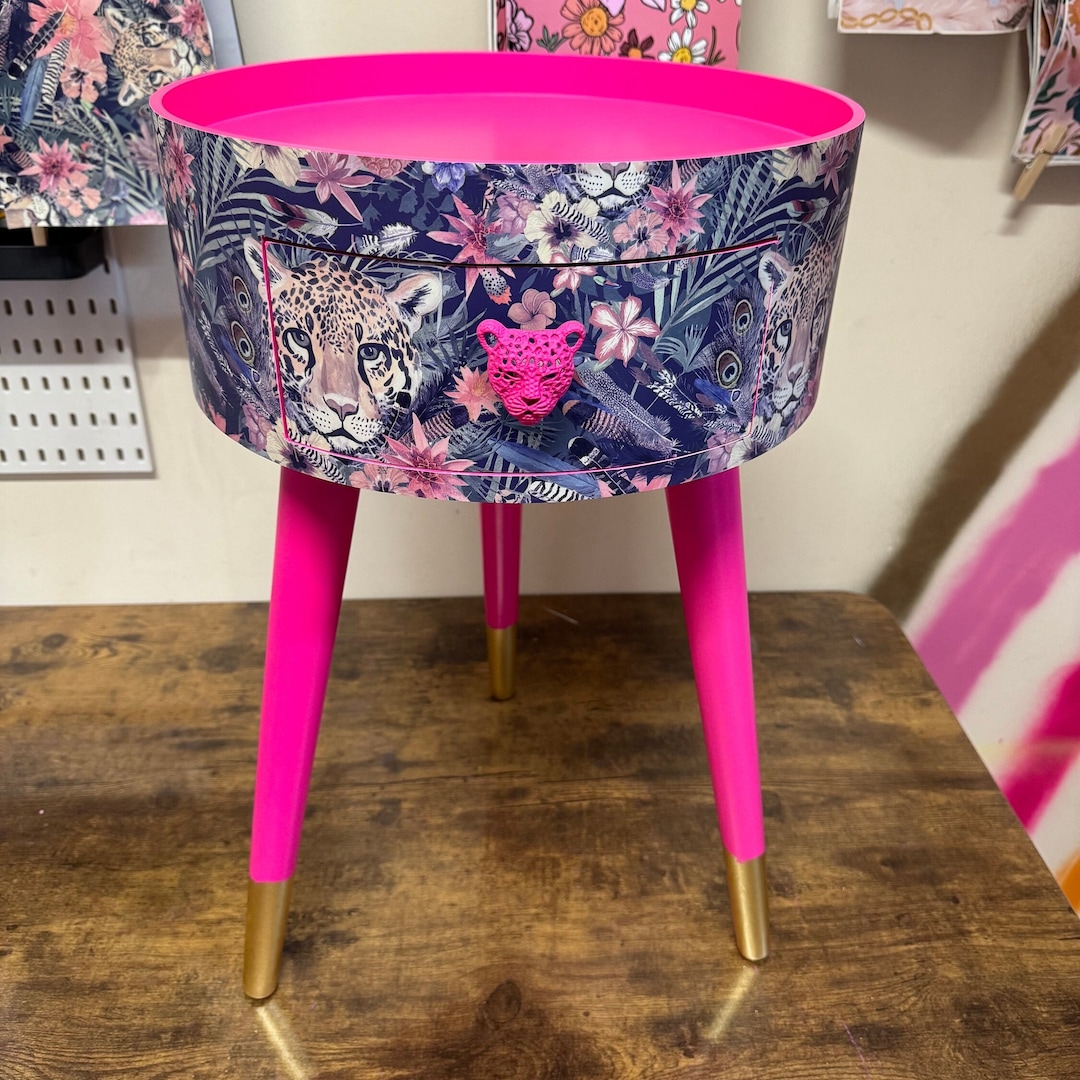 Round Hot Pink Bedside Table, Navy Leopard and Floral Design. Wooden ...