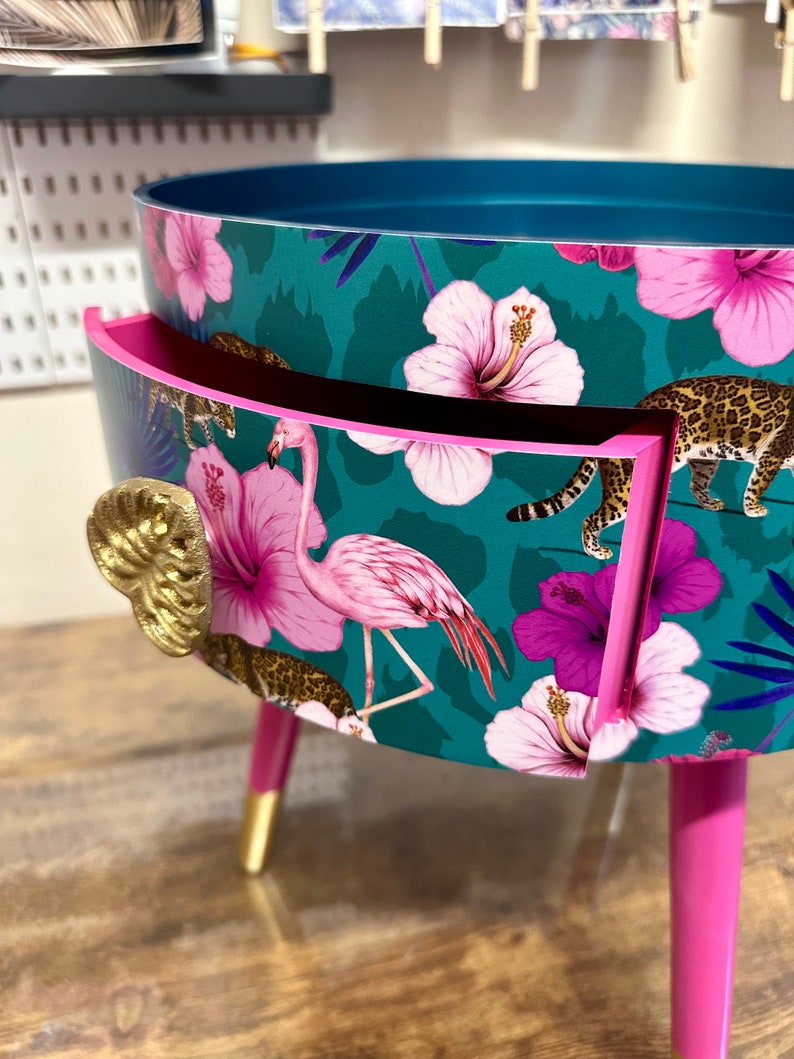 Pink and Teal Blue Tropical Side Table . Flamingo and Leopard Print ...