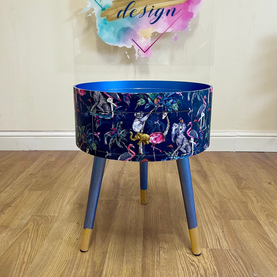 Tropical Bedside Table in Navy and Metallic Blue Flamingo and Elephant ...