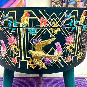 Art Deco Bed Side Table, Emerald Green, Gold and Pink Bird Design ...
