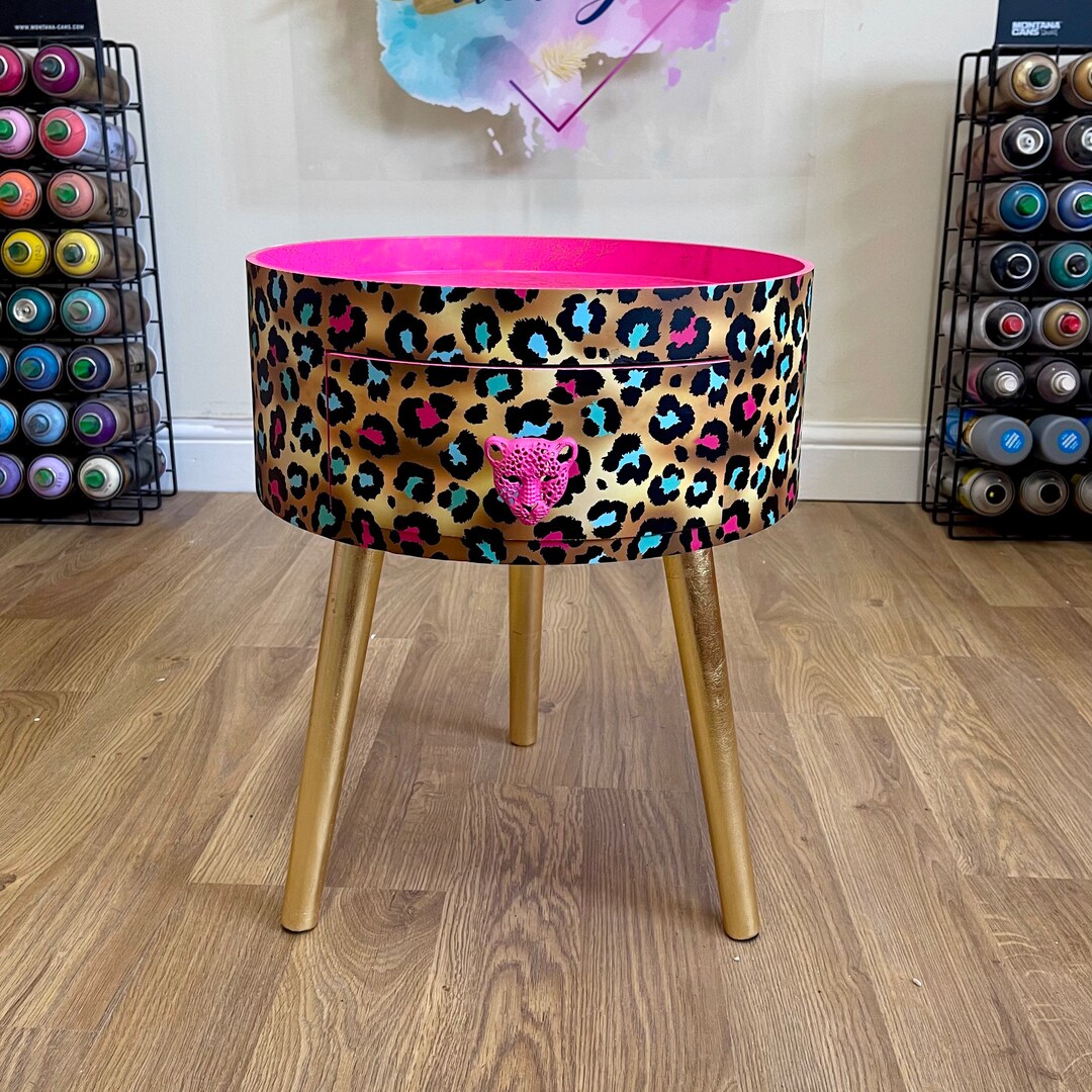 Hot Pink Magenta Leopard Round Bedside Table . Fun Bright Home Decor ...