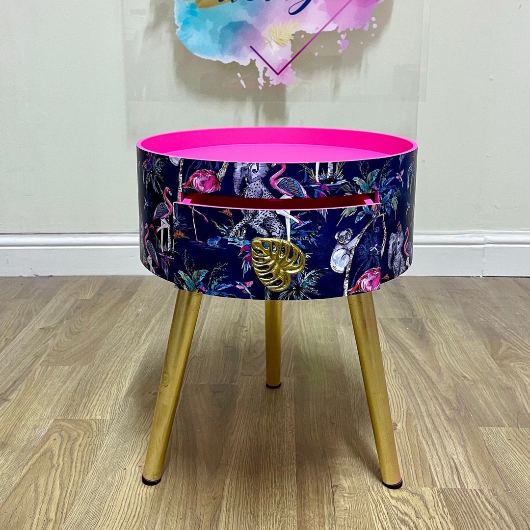 Hot Pink and Gold Round Bedside Table . Leopard and Flamingo Design ...