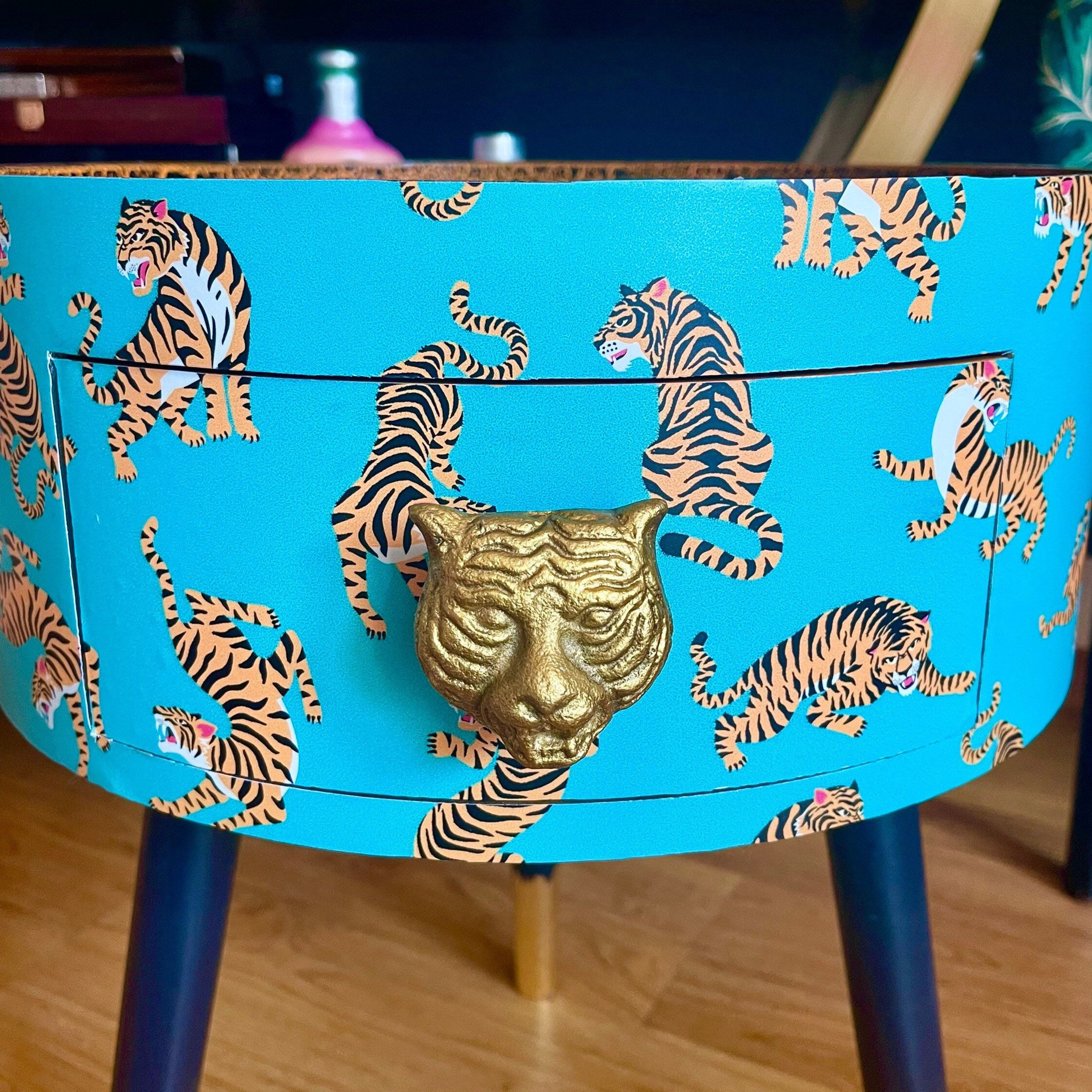 Tiger Bedside Table, Round Wooden Table With Drawer in Blue and Orange ...