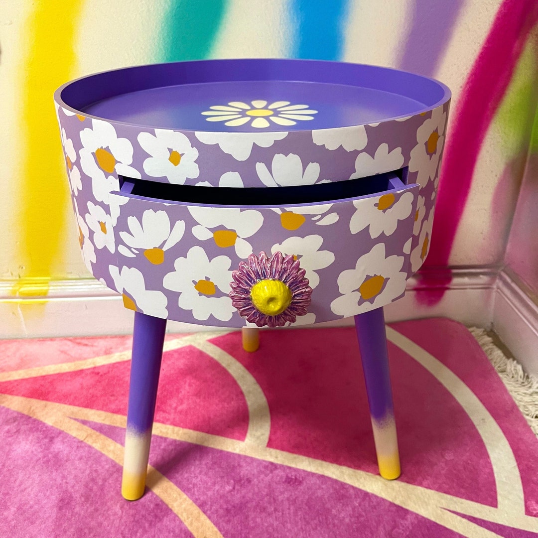 Lilac Daisy Circular Bed Side Table With Inbuilt Drawer and Flower ...