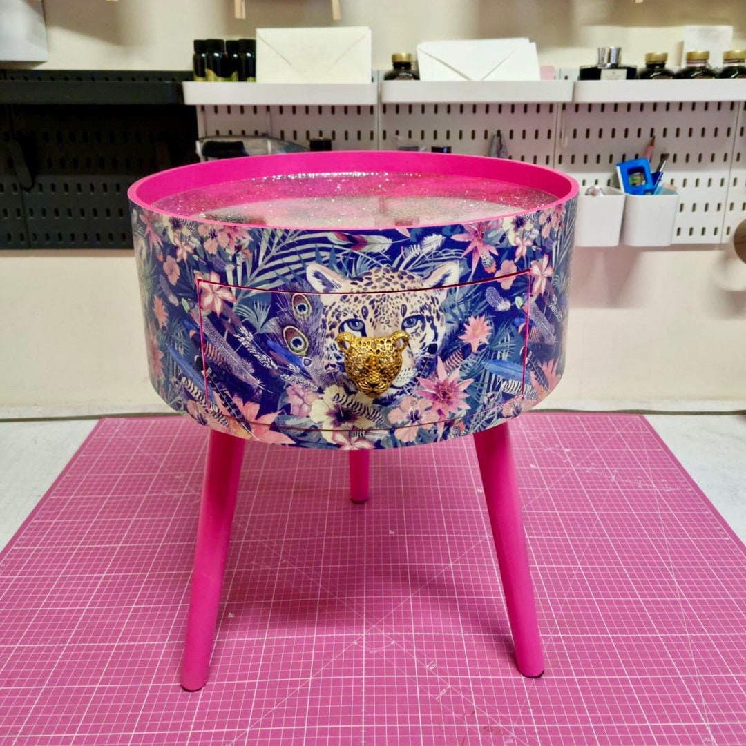 Hot Pink Leopard Side Table, Leopard and Floral Design. Glitter Top ...