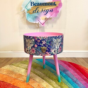 Pink Side Table, Mint Green Leopard and Floral Design. Wooden Side ...