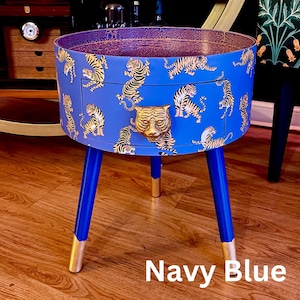 Round Tiger Side Table With Drawer. Tiger Print in 7 Colours, Pink ...