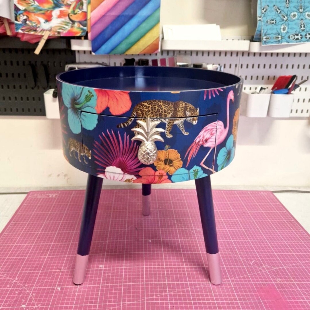 Navy Blue and Silver Tropical Side Table . Flamingo and Leopard Print ...