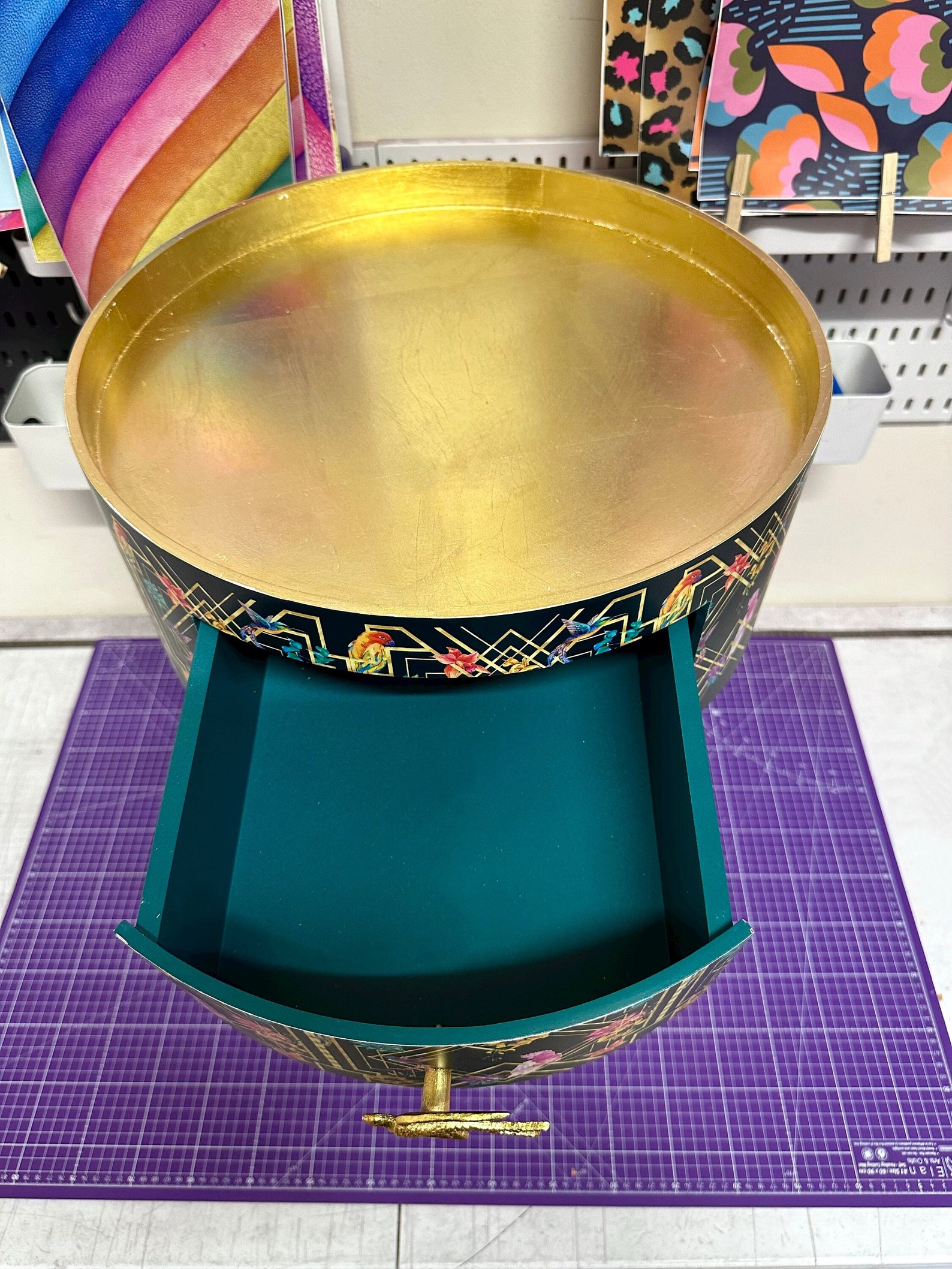 Art Deco Bed Side Table, Emerald Green, Gold and Pink Bird Design ...